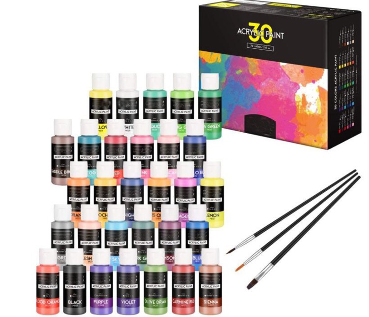 Non-Toxic Craft Paints with 3 Brushes,30 Colors 60 ML Acrylic Paint Set ...