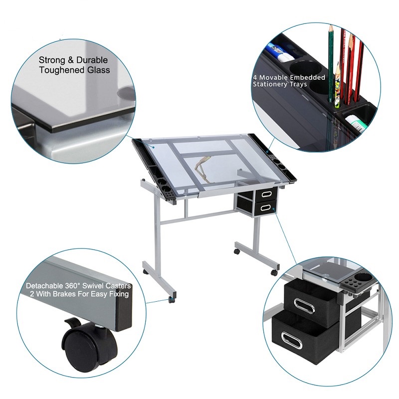 High Quality Transparent Glass Top Height Adjustable Drawing Table ...